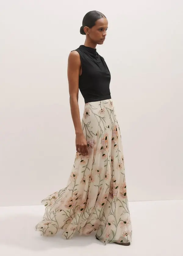 Me+Em Embroidered Tulle Maxi Skirt In Light Cream - 30% Off